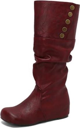 Generic Bottes Femmes Hautes Au Genou Évasées avec Boutons Décoratifs Talons Compensés Cachés Bout Rond Bottes Casual Quotidiennes De Mode,Wine Red,43 EU