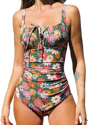 Cupshe Maillot de bain une pièce pour femme - Col carré - Découpe dans le dos - Cordon de serrage - Crochet à nouer dans le dos, Vert/rouge floral, L