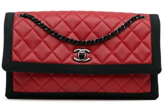 Chanel Red and Black Lambskin Single Flap Bag with Ruthenium Hardware