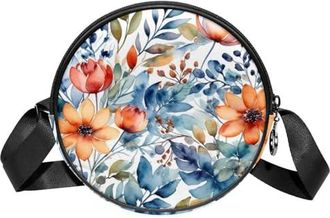 Generic Sac &agrave; bandouli&egrave;re rond pour femme, motif fleurs et feuilles, sac &agrave; dos avec fermeture &eacute;clair, bretelles r&eacute;glables, sac &agrave; main rond d&eacute;contract&eacute; pour fe