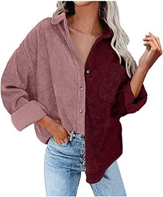 Generic Vestes pour femmes 2026 en velours c&ocirc;tel&eacute; boutonn&eacute;e boyfriend veste &agrave; manches longues &eacute;pissure veste dames automne/hiver d&eacute;contract&eacute;, rouge past&egrave;que, 