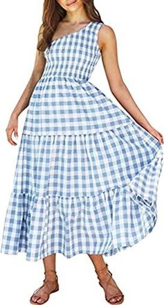 Generic Robe boh&egrave;me 2026 pour femme, impression &agrave; carreaux, d&eacute;contract&eacute;e, asym&eacute;trique, sans manches, couleur unie, robe midi &agrave; volants, robe de plage maxi &agrave; v