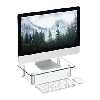 Relaxdays Bildschirmständer Glas, TV Aufsatz, Notebookständer höhenverstellbar 9 - 11 cm, BxT: 38,5 x 24 cm, transparent Klein