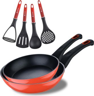 Bergner Classique | 2er Set Bratpfannen 20 und 24 cm + Utensilienset | Aus geschmiedetem Aluminium | Antihaftbeschichtete Pfannen und widerstandsf&auml;hige Utensi