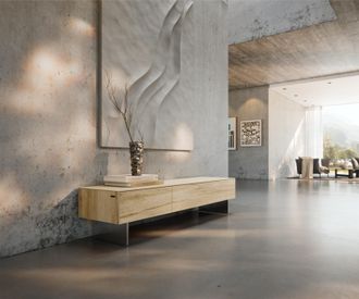 DELIFE Lowboard Cuor 150 cm Keramik Laminam Sabbia Eichefarbig 1 Klappe 1 Schubfach Fu&szlig; Schwebeoptik Edelstahl, Lowboards