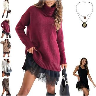 Generic Ensemble Mini Robe Et Pull &agrave; Col Roul&eacute; pour Femme Chic Et Elegant 2 Pi&egrave;ces Manches Longues Grande Taille Doux Pullover Et Robe D&eacute;bardeur avec Bordure 