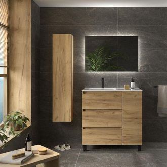 Cygnus Bath Meuble de salle de bain BEQUIA PLUS 3C 90cm Ch&ecirc;ne Vasque Porcelaine Robinet &agrave; gauche 1P