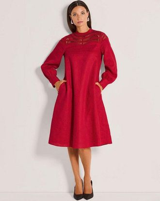 Madeleine Midikleid Sommerkleid aus Naturgarn und Spitze Leinenkleid mit Stehkragen, Knopfverschluss und langen &Auml;rmeln