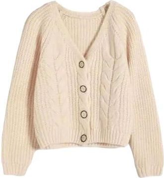 Generic Pull de printemps torsad&eacute; taille haute col en V bouton tendance couleur unie cardigan en tricot ample pour femme, Blanc cass&eacute;, XXL
