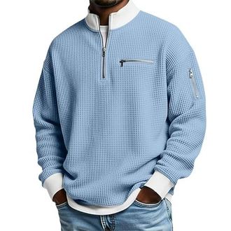 Generic Sweat &agrave; fermeture &eacute;clair contrast&eacute;e pour homme, style d&eacute;contract&eacute; et d&eacute;contract&eacute;, demi-fermeture &eacute;clair gaufr&eacute;e pour homme, mode dautomne, bleu, 3XL