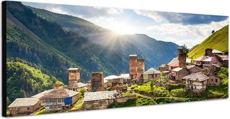 Paul Sinus Art Wandbild 150x50cm Georgien Kaukasus Bergdorf Berge Wiese Sonne