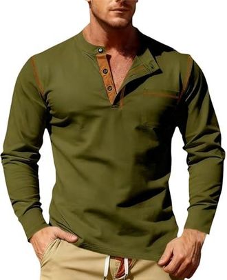 Generic Chemise Henley &agrave; manches longues et coupe ajust&eacute;e pour homme, pull confortable, tendance, respirant, chemise boutonn&eacute;e, haut basique d&eacute;contract&eacute;, &agrave; po