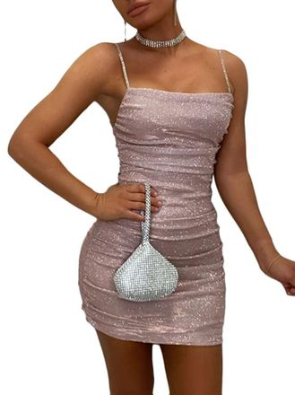 Onsoyours Damen Partykleider Wickelkleid Glitzer Minikleider Elegant R&uuml;ckenfreies Bodycon Ruched Kleid Spaghetti Strap Stretchy Club Cocktailkleid A Rosa S