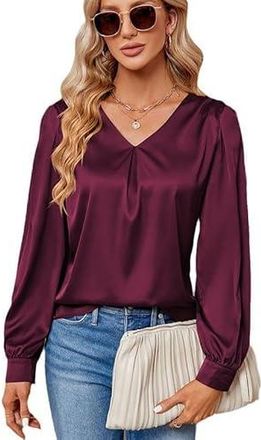 Generic HUIFUAO Chemise Noire Femme Col V Satin Blouse Shirt Haut Grande Taille Basique Décontracté Affaires Tunique Tops (Z02-Purple, M) Sales Clearance