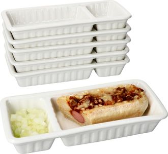 MamboCat 6er Set Frikandelschalen wei&szlig; aus Porzellan I (LxBxH) 20x9,5x3,3cm I Servierschalen mit 2 Bereichen f&uuml;r So&szlig;e & Beilagen I f&uuml;r Frikandel, Buletten, Nug