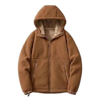 Generic Manteau à capuche en laine dagneau à fermeture éclair pour homme de couleur unie, décontracté, ample, épais, chaud, grande taille, marron, L