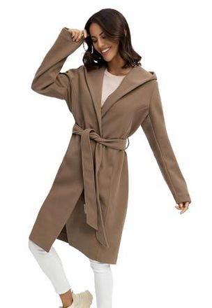 Marikoo N046 Manteau mi-saison pour femme (XS-3XL) - &Eacute;l&eacute;gant manteau enveloppant, avec ceinture, capuche surdimensionn&eacute;e, veste chaude pour femme, Taupe fonc&eacute;