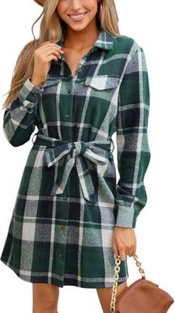 Cupshe Mini robe dautomne &agrave; boutons et manches longues avec ceinture - Robe chemise trap&egrave;ze d&eacute;contract&eacute;e pour femme, Vert/carreaux, Taille M