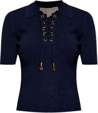 Michael Kors Femme, Pulls, Bleu, Taille: 42 FR Polo c&ocirc;tel&eacute; en maille stretch viscose &agrave; lacets