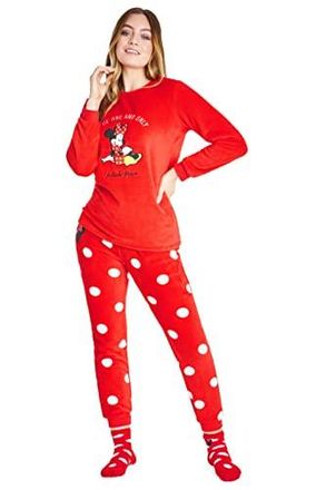 Disney Stitch Pyjama Polaire Femme Ensemble Pyjama avec Chaussettes Assorties V&ecirc;tements de Nuit Femme et Ado Doux et Chaud Id&eacute;e Cadeau pour Elle (Rouge Minni
