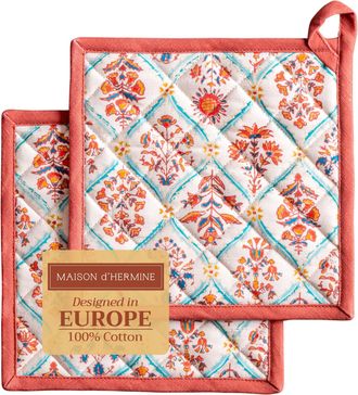 Maison d'Hermine Hot Pads Topfhalter aus 100% Baumwolle, 2er-Set (20cm x 20cm) mit Schleife, hitzebeständig für BBQ, Kochen, Backen, Grillen, Mikrowelle, Romane - Ernt