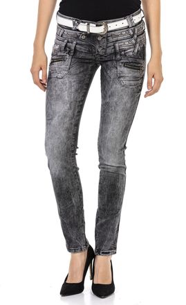 Cipo & Baxx Damen Jeans WD431 Schwarz - Slim Fit Straight Jeans Hose - R&ouml;hrenjeans mit trendigem Doppelbund, Atemberaubender Rockige Look, Angenehmes Gef&uuml;hl - WD4