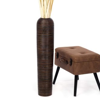 Leewadee Große Deko Bodenvase Für Dekozweige, Hohe Standvase Für Pampasgras, Design Holzvase, 65 cm, Braun