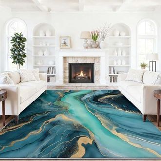 Generic Tapis Motif Abstrait Aquarelle Texture G&eacute;ode - 140 x 200 cm Antid&eacute;rapant Doux dint&eacute;rieur Tapis &agrave; Poil Ras pour Salon Chambre Salle de Jeux - Turquoise