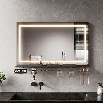 Sonni Modern LED Badspiegel mit Beleuchtung, Antibeschlag, Schwarze Ablage und Dimmbarer 3-Farben Beleuchtung, 1000x600mm