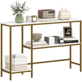 HOMCOM Console meuble - HOMCOM - 3 niveaux- plateaux imitation marbre - panneaux de particules et m&eacute;tal - 120x30x76,5cm - blanc et dor&eacute;