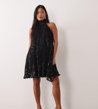 Tfnc Petite robe courte &agrave; col licou en sequins pliss&eacute;s noire