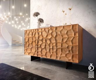 DELIFE Sideboard Solu 145 cm Akazie Natur 2 T&uuml;ren 3 Sch&uuml;be Fu&szlig; schwebend Metall Schwarz 3D-Front, Sideboards