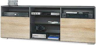 Vladon Meuble TV Granada, Lowboard avec 2 Portes et 6 Compartiments Ouverts, Corps Anthracite Mat, façades en chêne Brut (146 x 54 x 35 cm)