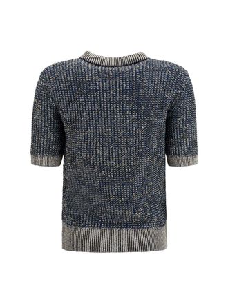 Balmain Womens Short-Sleeve Sequined Sweater With Buttons Marine-Vert Marine/vert