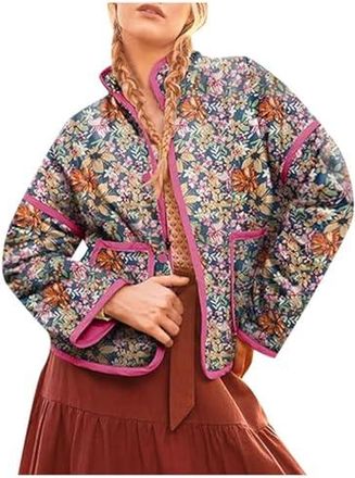 Generic Vestes pour femmes 2026 Veste imprim&eacute;e couleur bloqu&eacute;e &agrave; la mode hiver avec capuche, Rouge, S
