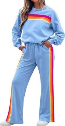 Generico Ensemble 2 pi&egrave;ces pour femme avec rayures arc-en-ciel, sweat taille haute et pantalon de surv&ecirc;tement, A Bleu, XXL