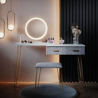 Vicco Coiffeuse Zoey, Blanc/Gris, 120 cm avec &eacute;clairage LED et Tabouret