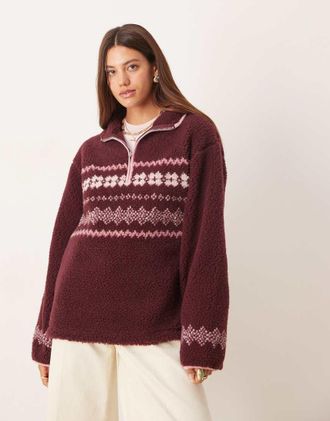 Asos Polaire imitation peau de mouton demi-fermeture &eacute;clair avec motifs en maille Fair Isle - Prune et rose-Rouge