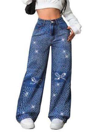 Generic Y2K Jean coupe droite taille haute pour femme en denim bleu avec strass et poches papillon, bleu fonc&eacute;, Taille unique