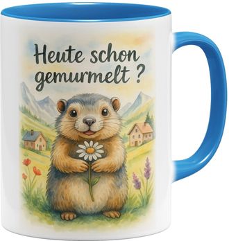 OM3 Lustige Murmeltier Kaffee-Tasse mit Spruch - Heute schon gemurmelt? - Keramik Becher - 325ml - Beidseitig Bedruckt - Hellblau