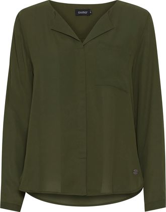 Oxmo OXHally Damen Bluse Hemdbluse Langarm ohne Kragen mit verdeckter Knopfleiste, Gr&ouml;&szlig;e:38, Farbe:Rifle Green (190419)