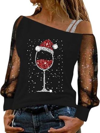 Generic Haut Femme Chic Chemisier Blouse &Agrave; Manches Longues Transparentes T-Shirt Paillettes Mode Mesh Chic &Eacute;paules D&eacute;nud&eacute;es Chemisier No&euml;l Haut Tops Pullover 