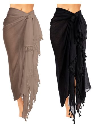 Boao 2 St&uuml;ck Damen Strand Lang Sarong Badeanzug mit Quaste (Schwarz, Khaki, XL)
