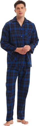 Global Herren Schlafanzug Flanell | Herren Pyjama Set Lang Baumwolle | Herren Zweiteilige Nachtw&auml;sche Loungewear Schlafanzughose Lang Gummizug und Kordelzug 
