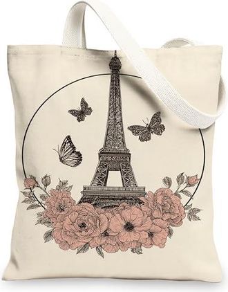 Generic Sacs fourre-tout en toile motif floral papillon réutilisable vintage chic léger lavable épaule St, beige, 13x15 Inch