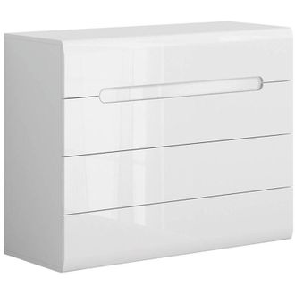 PEGANE Commode meuble de rangement &agrave; 4 tiroirs, coloris Blanc/Blanc haute brillance - Longueur 105 x Profondeur 41 x Hauteur 84 cm