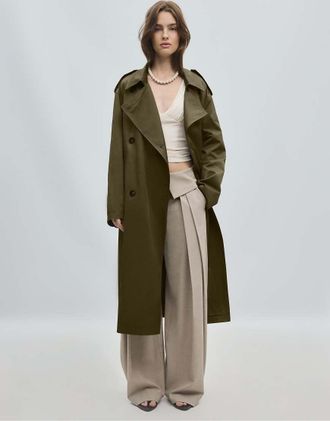 Stradivarius trench-coat long basique kaki-Vert