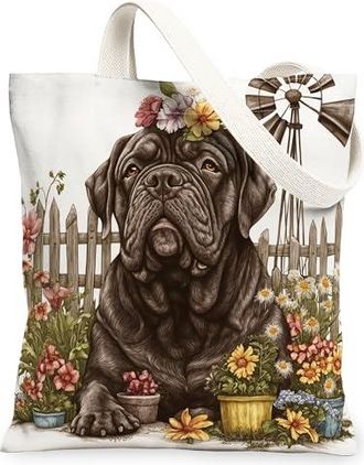 Generic Sac fourre-tout en toile motif chien mastiff printanier 33 x 38,1 cm, sac d&eacute;picerie r&eacute;utilisable pour femme, ferme, animal domestique, plage, peinture