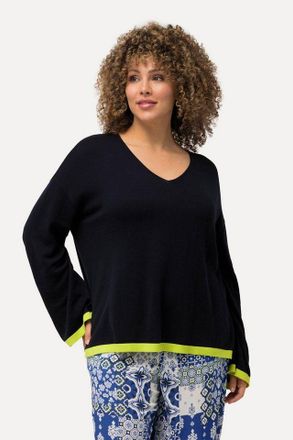 Ulla Popken Strickpullover Pullover farbige B&uuml;ndchen V-Ausschnitt Langarm