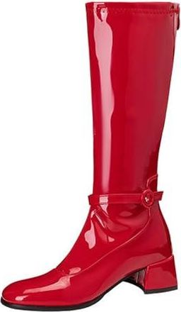 Generic Bottes déquitation à bout carré et gros talons pour femme Fermeture éclair dans le dos Chaussures de fête, Rouge, 39.5 EU